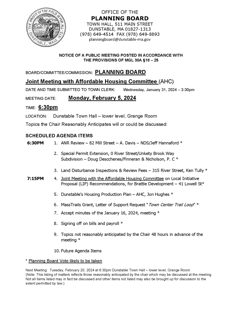 Planning Board Joint Meeting with the Affordable Housing Committee ...